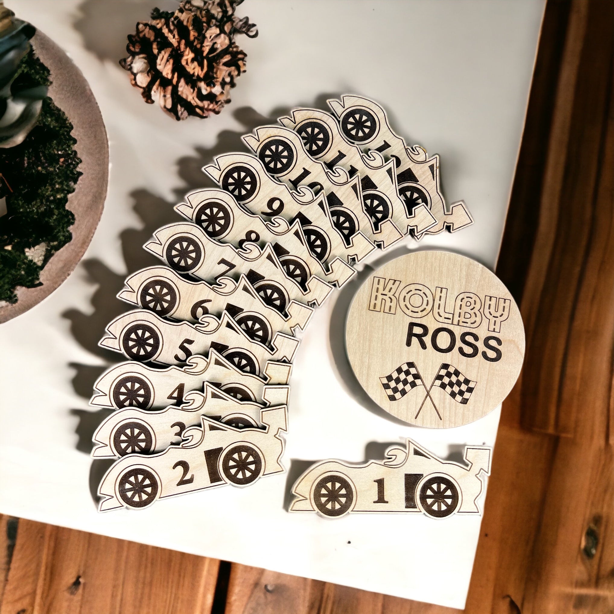 Racing-Themed Monthly Milestone Markers – Rusling Woodworks